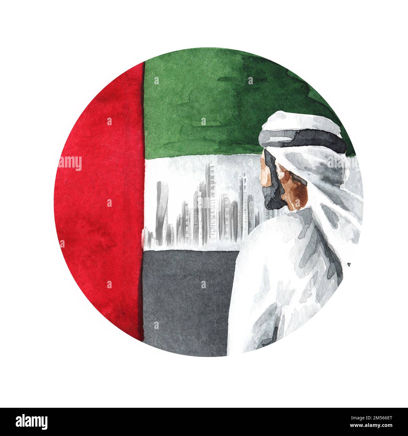United Arab Emirates flag and arab man. Hand drawn watercolor ...
