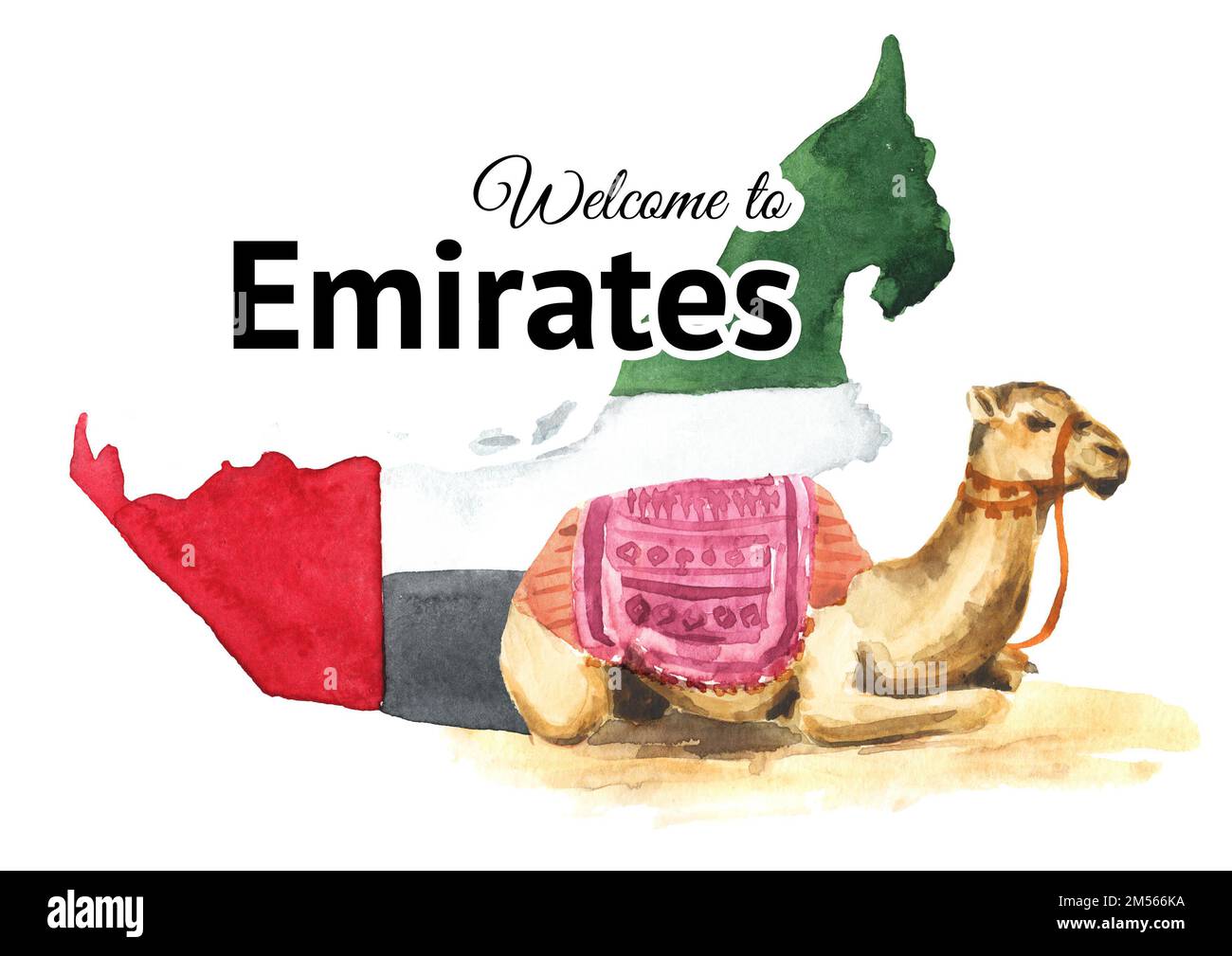 Welcome to Emirates card. Flag and camel symbol of UAE. Hand drawn ...