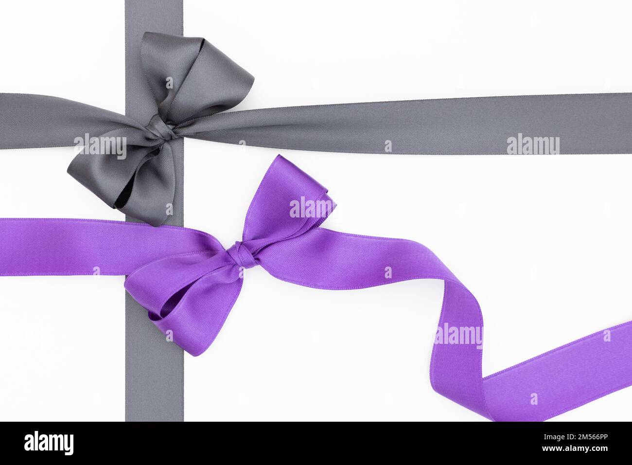 Satin ribbon bows for gift pack in gray and purple colors, isolated on ...