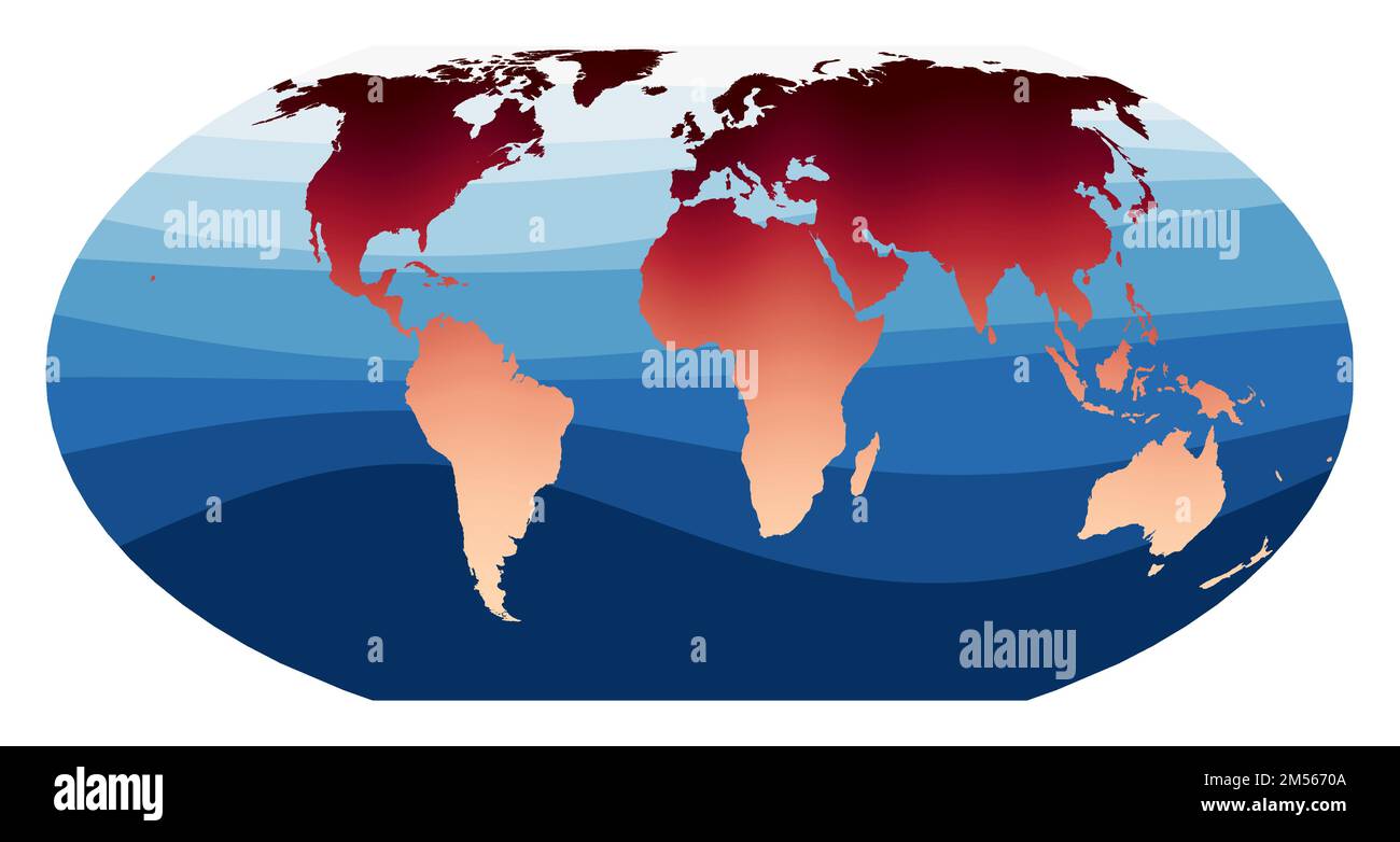 World Map Vector Wagner Iv Projection World In Red Orange Gradient On Deep Blue Ocean Waves