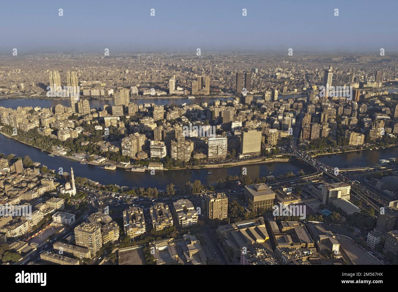 Egypt. Cairo. Aerial view of downtown modern Cairo from the left bank ...