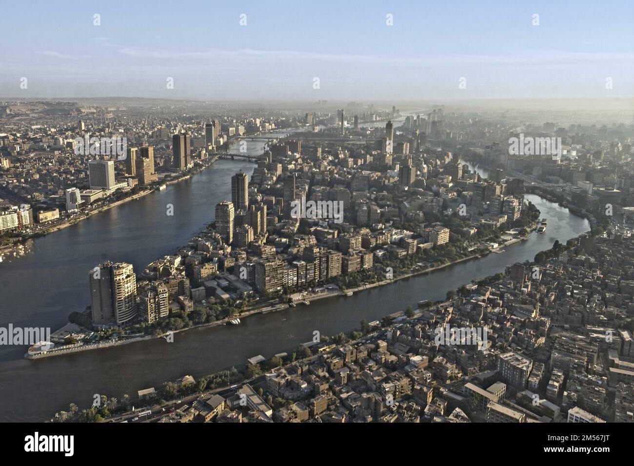 Egypt. Cairo. Aerial view of downtown modern Cairo from the left bank ...