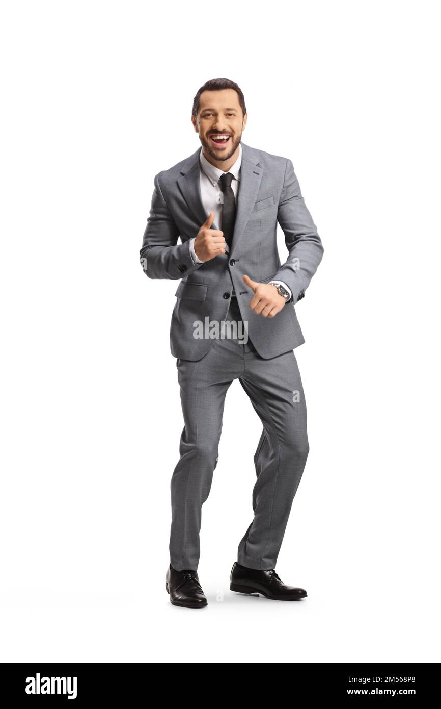 Cheerful businessman in suit dancing isolated on white background Stock ...