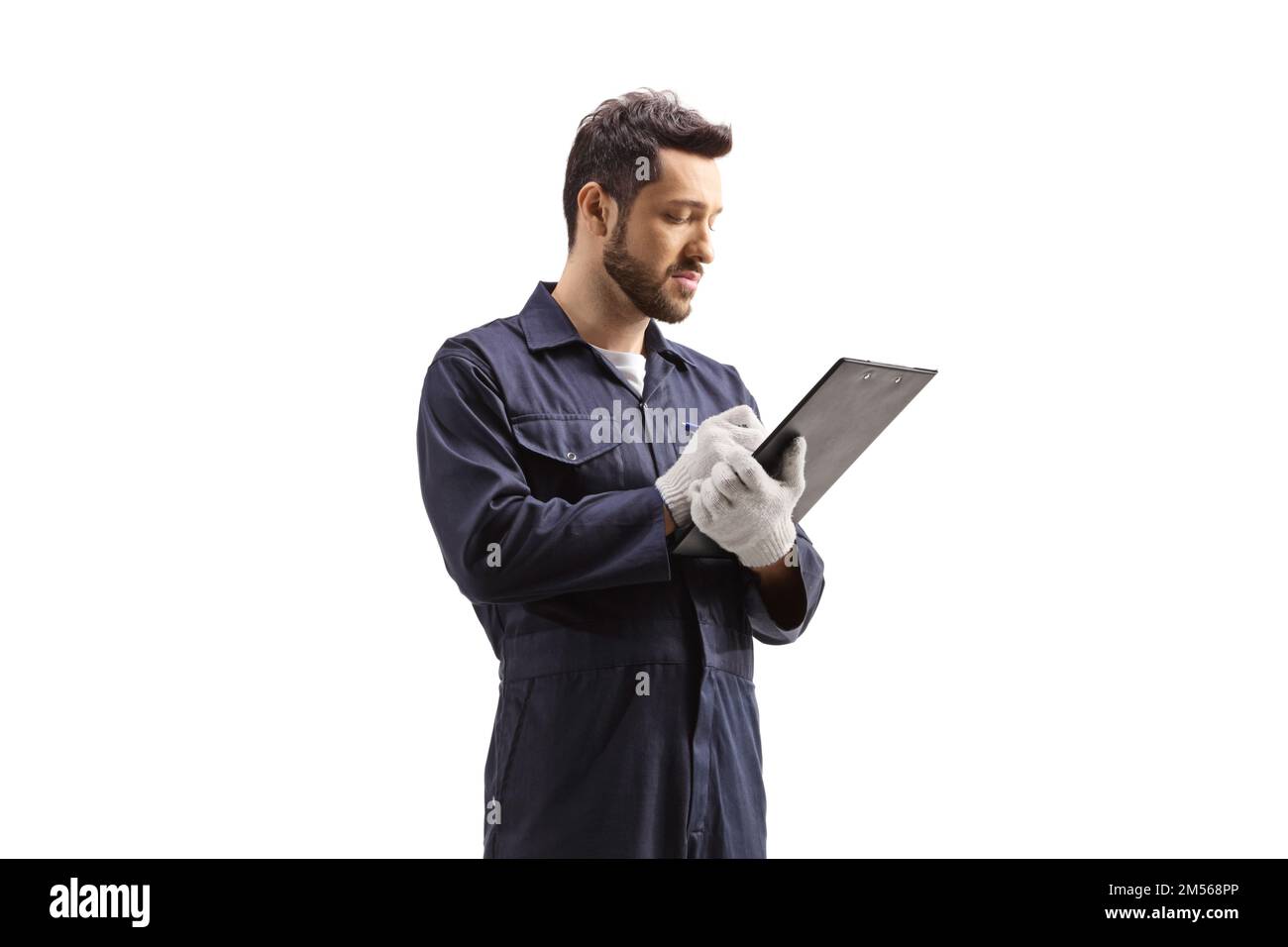 Worker writing a document isolated on white background Stock Photo - Alamy