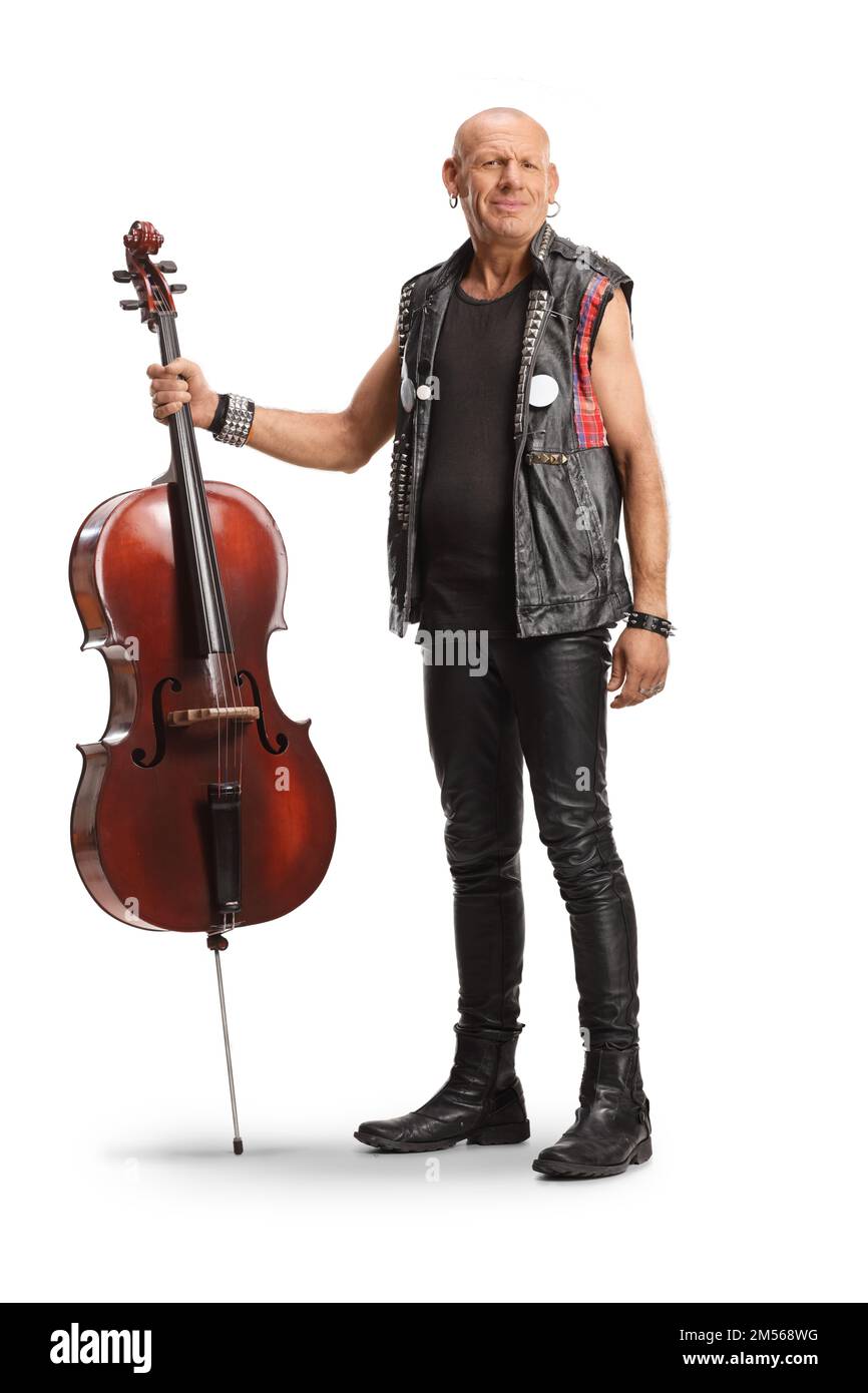 Full length shot of a punk musician with a cello smiling and standing ...
