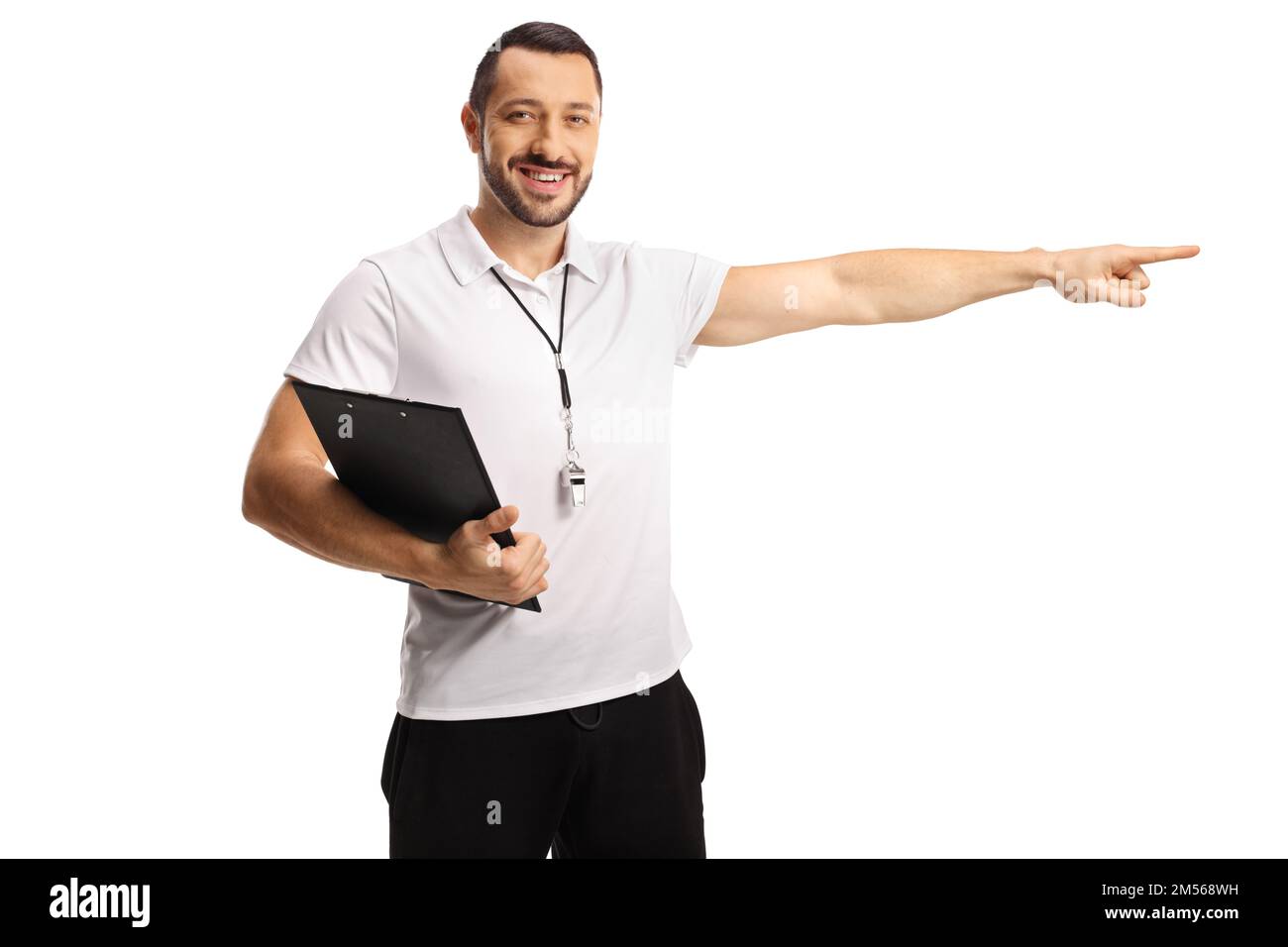 Male sports coach pointing and smiling isolated on white background ...