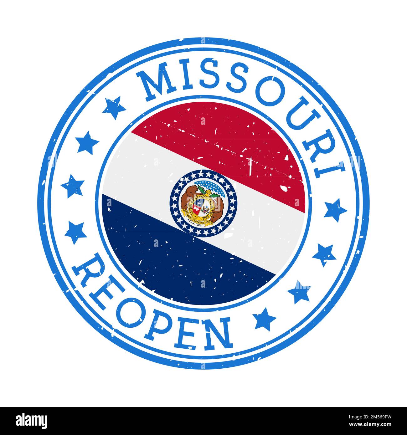 Missouri Reopening Stamp. Round badge of US State with flag of Missouri ...