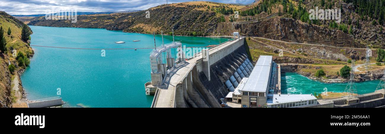 An aerial panoramic view of Roxburgh Hydro Dam on the Clutha River in ...