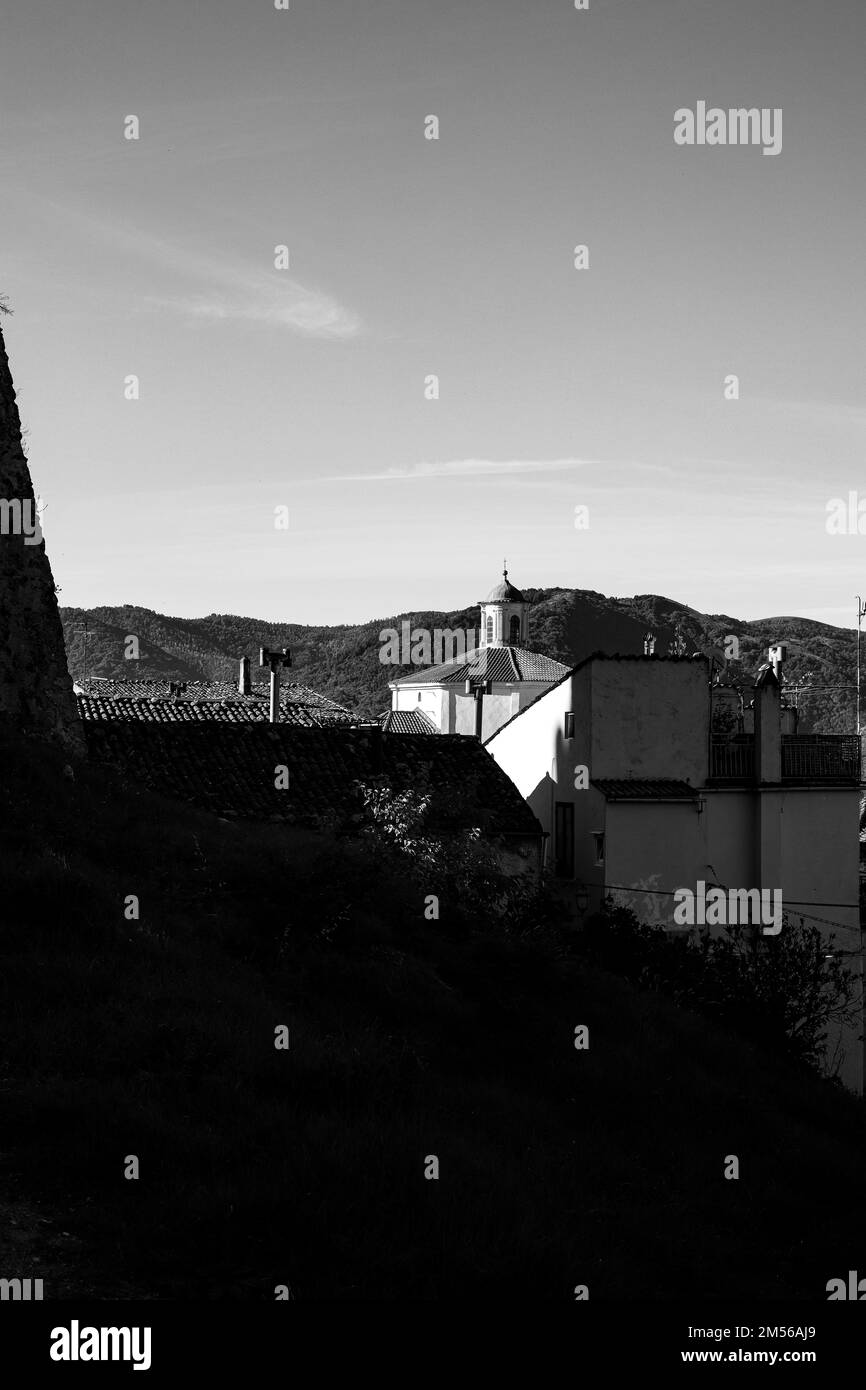 A vertical grayscale of a traditional Italian house in Moliterno in ...