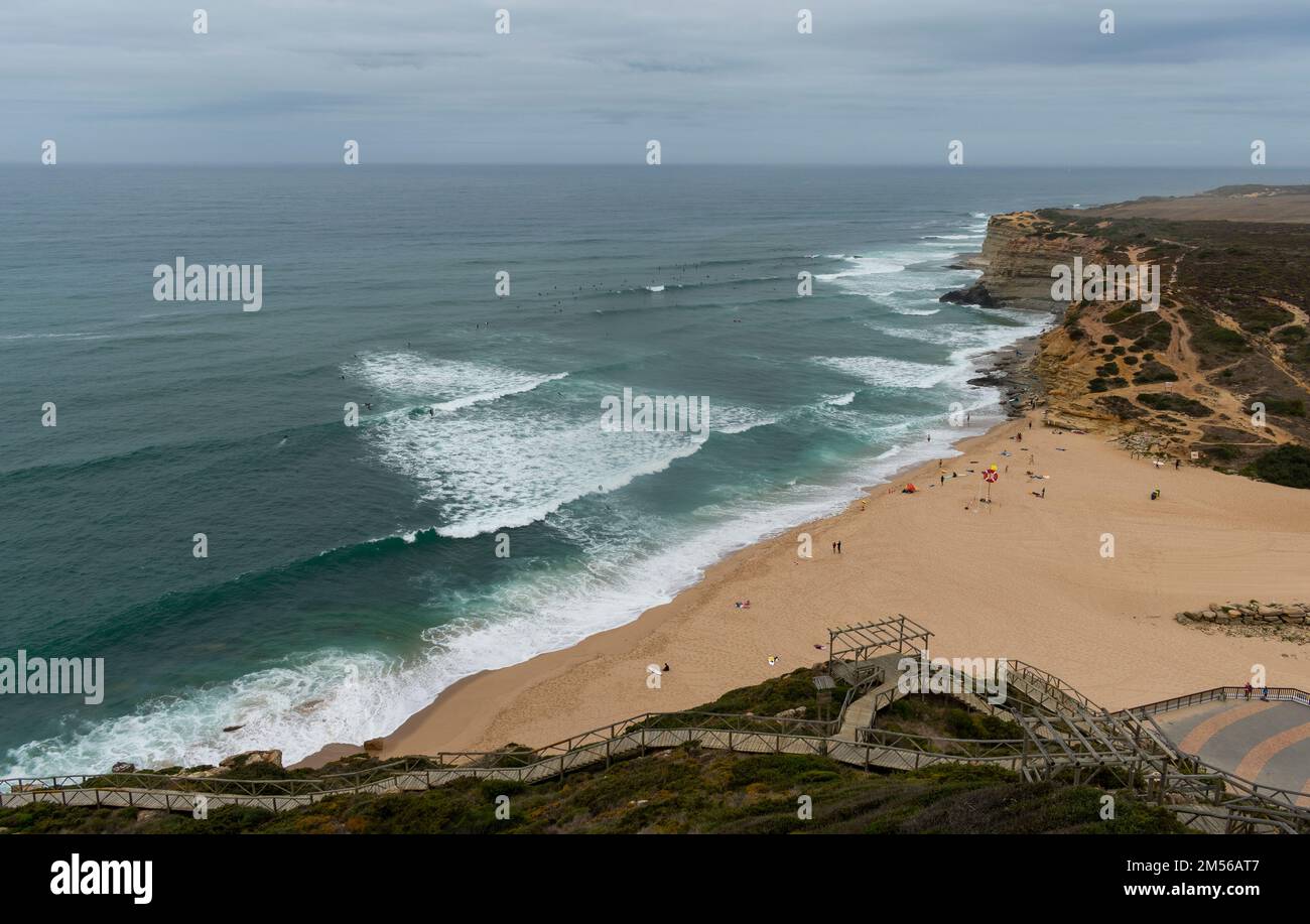 Panoramic view of famous surf break Ribeira D'Ilhas in Ericeira ...