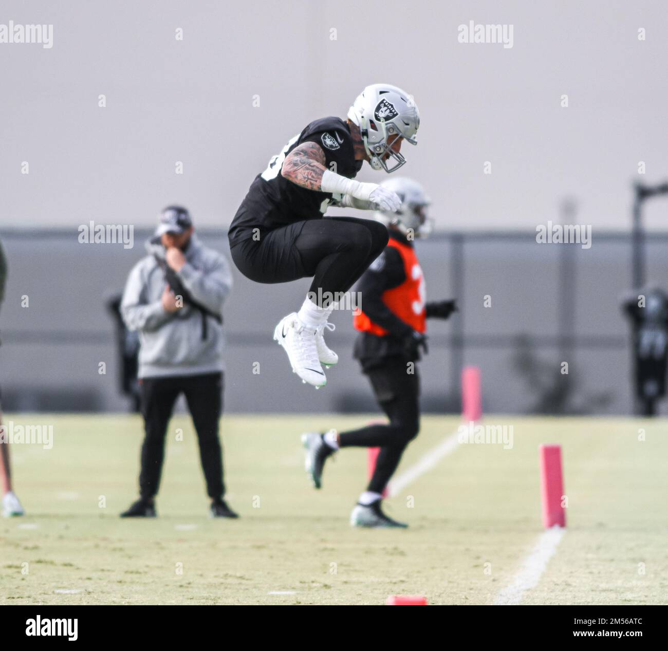 A view of Las Vegas Raiders player Maxx Crosby flying high on the ...