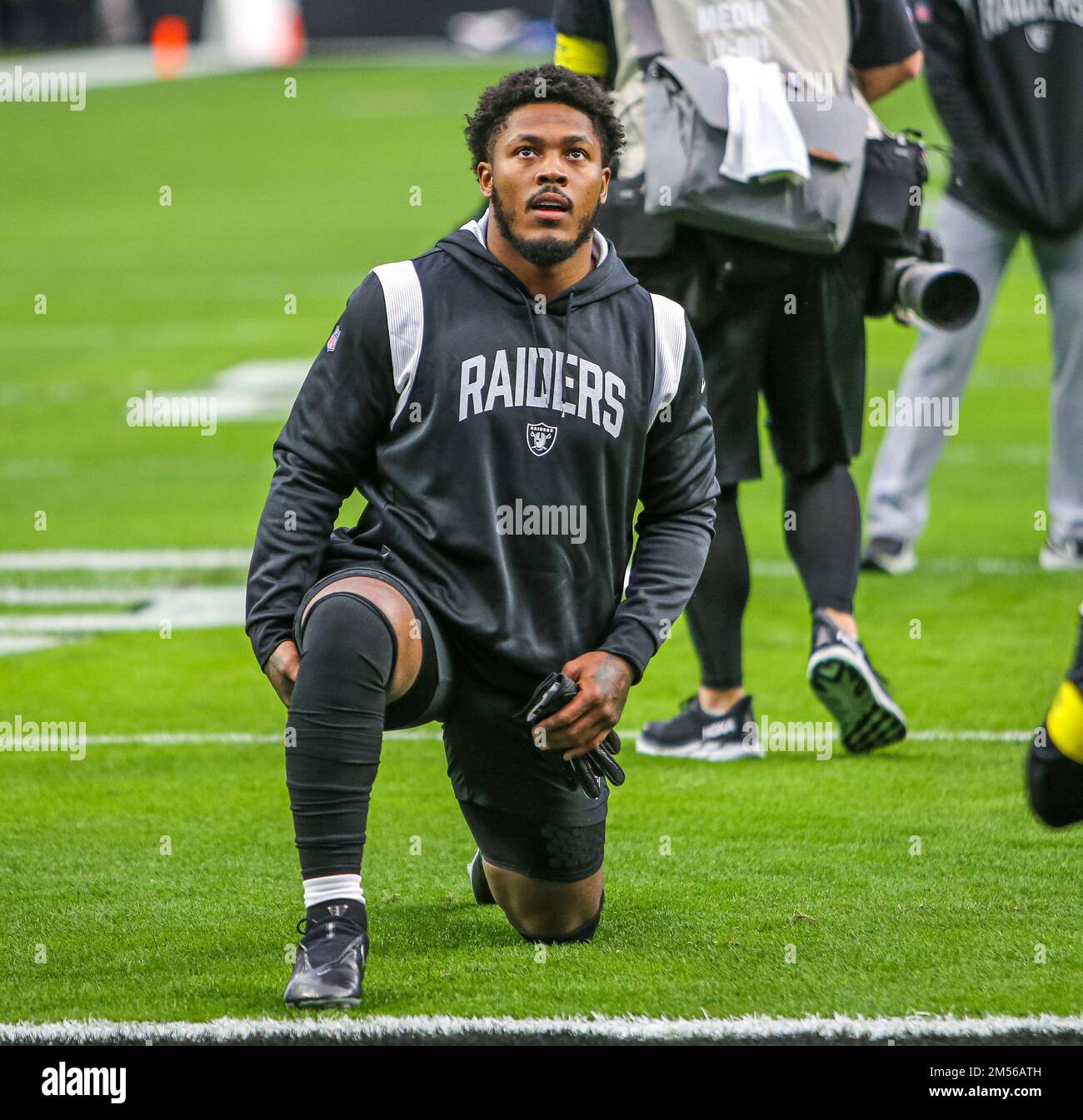 A football player Josh Jacobs in the field at Allegiant Stadium in Las ...