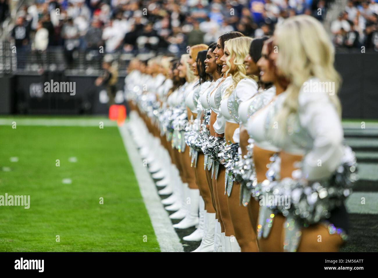 A view of Las Vegas Raiderettes on the field at Allegiant Stadium in ...