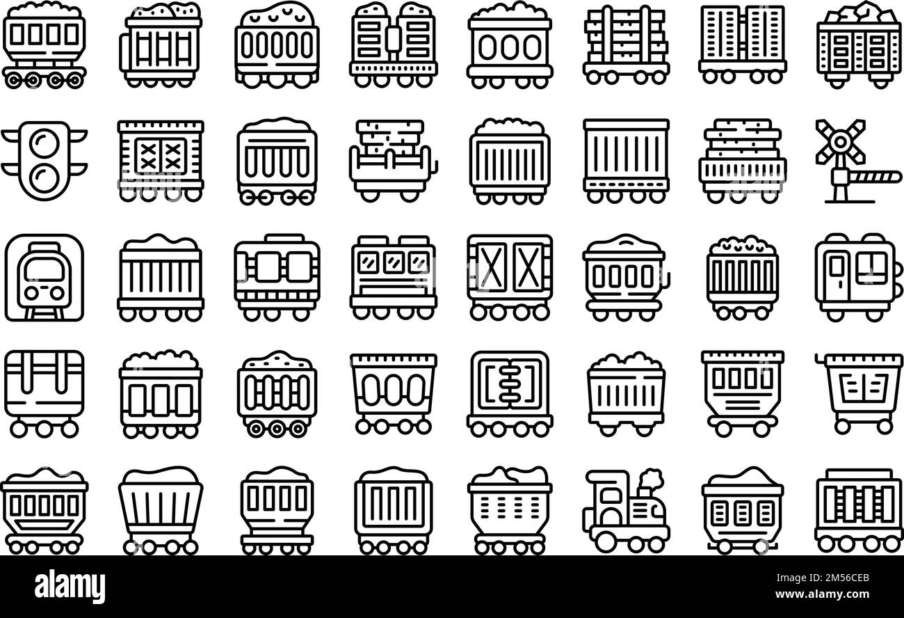 Train freight wagons icons set outline vector. Diesel locomotive. Side ... Train freight wagons icons set outline vector. Diesel locomotive. Side ...