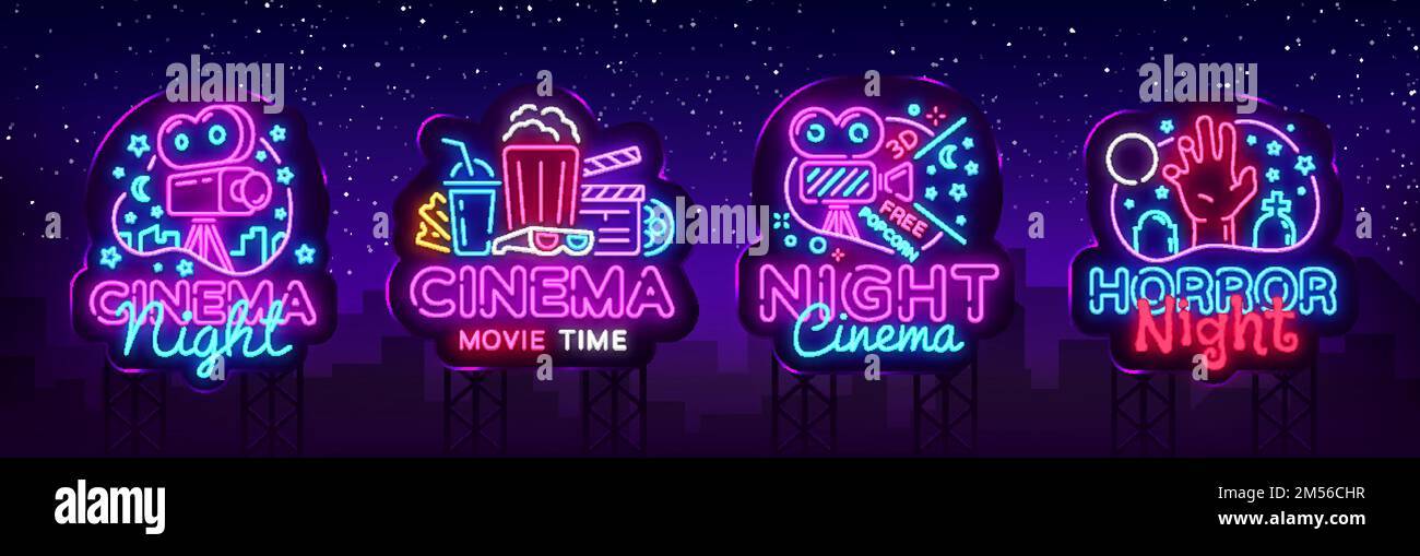 Cinema night set neon sing, label and logo. Cinema banner Design ...