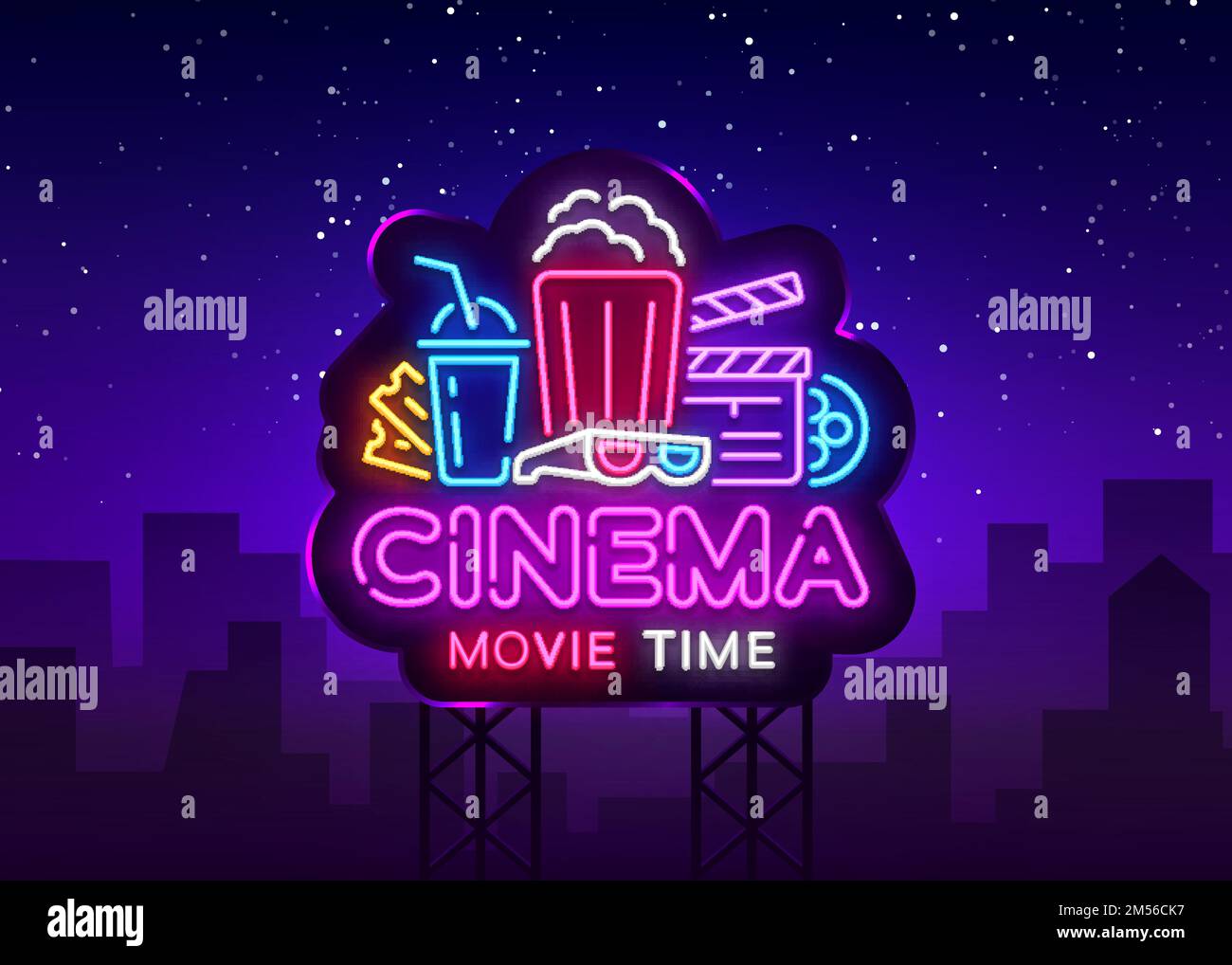 Movie Time Neon Logo Vector. Cinema Night neon sign, design template ...