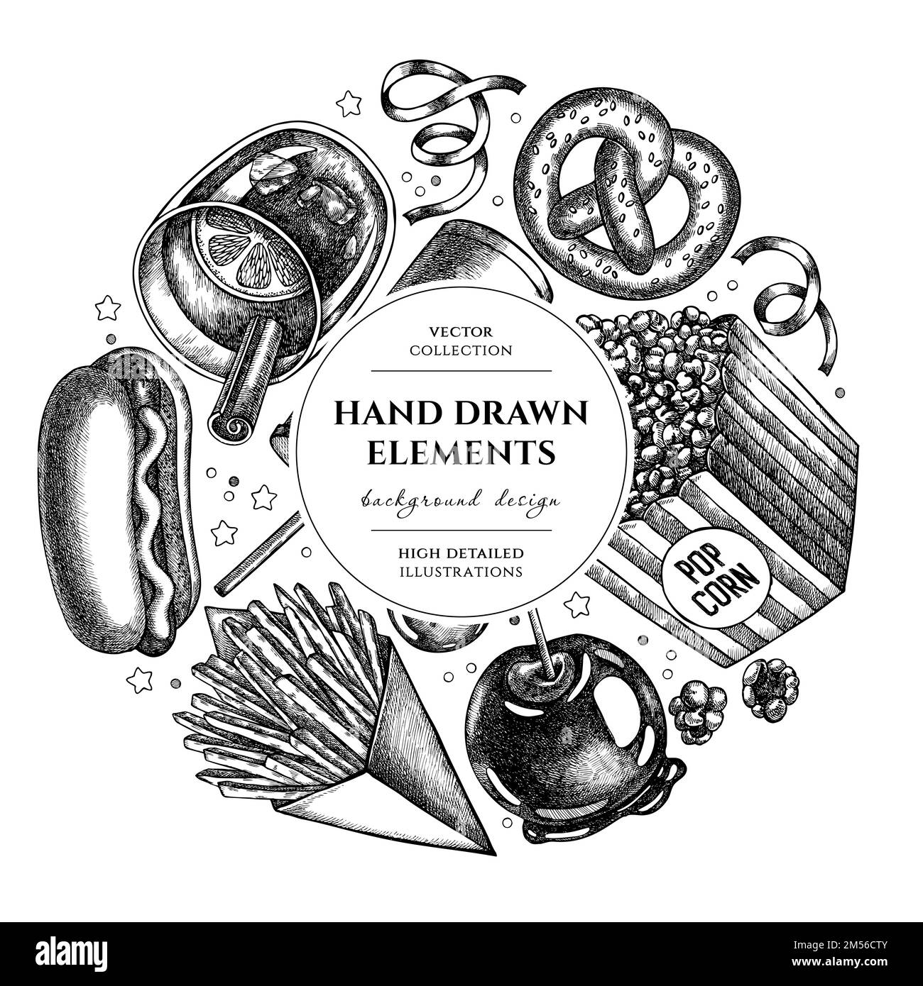 Carnival food circle design. Hand drawn french fries, pretzel, popcorn ...