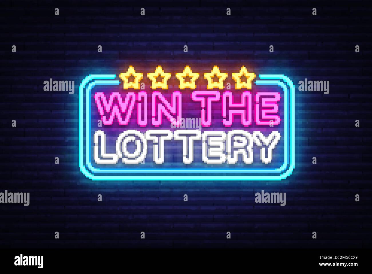Win the Lottery neon text vector design template. Lotto symbols neon ...