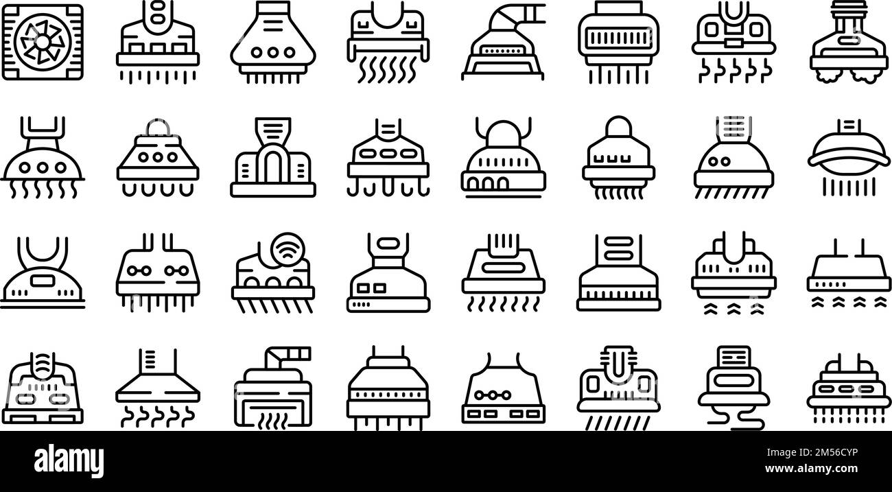Kitchen hood icons set outline vector. Chimney hood. Vent steel Stock ...