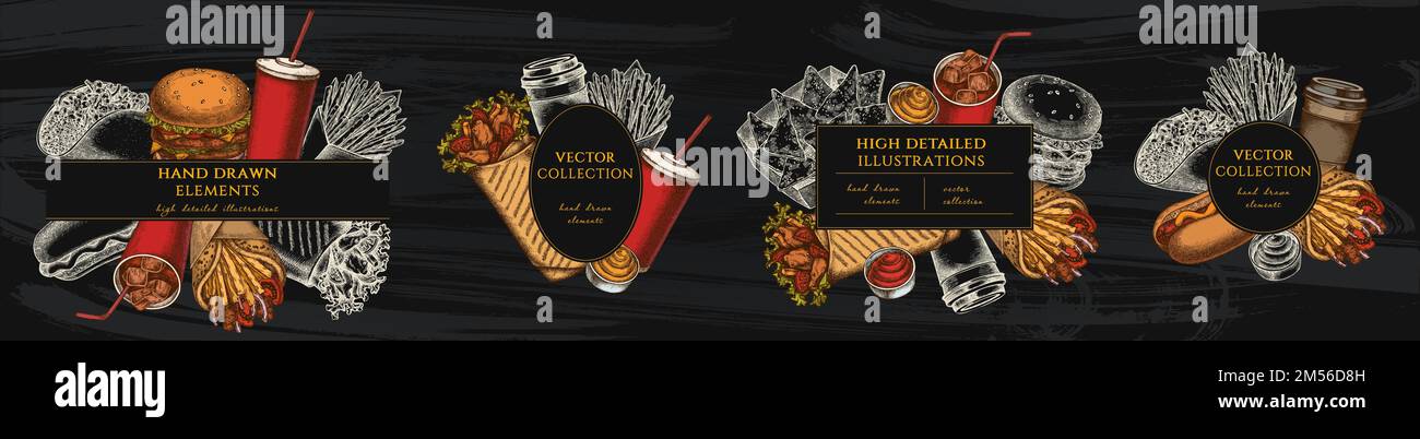 Street food hand drawn frame templates. Vintage illustrations of sauces ...