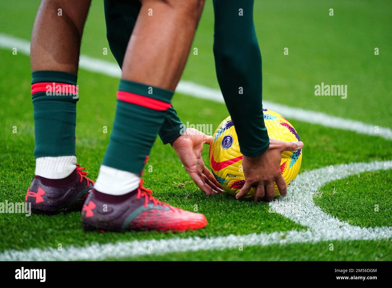 Liverpool's Trent Alexander-Arnold places the ball for a corner kick during the Premier League ...