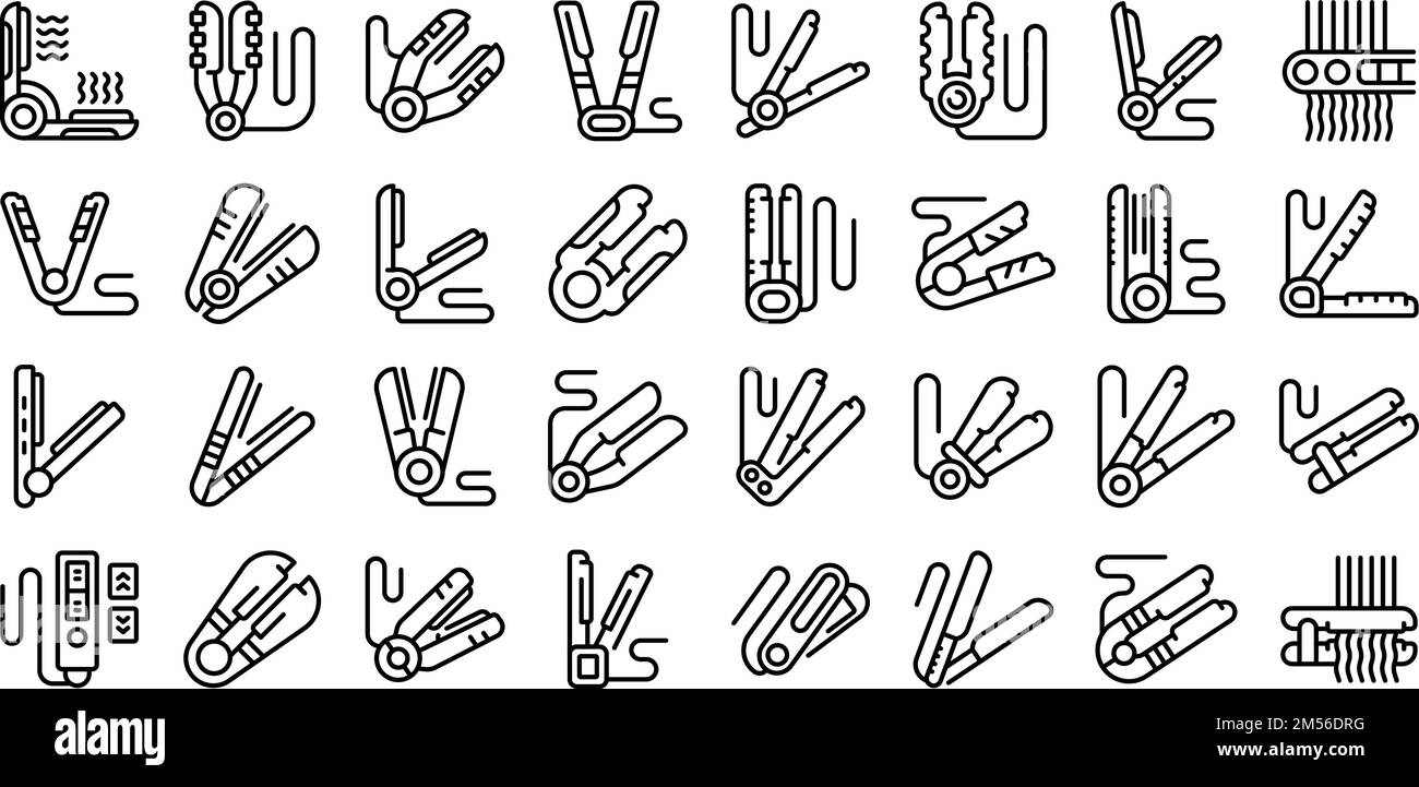Hair straightener icons set outline vector. Salon iron. Hair styler ...