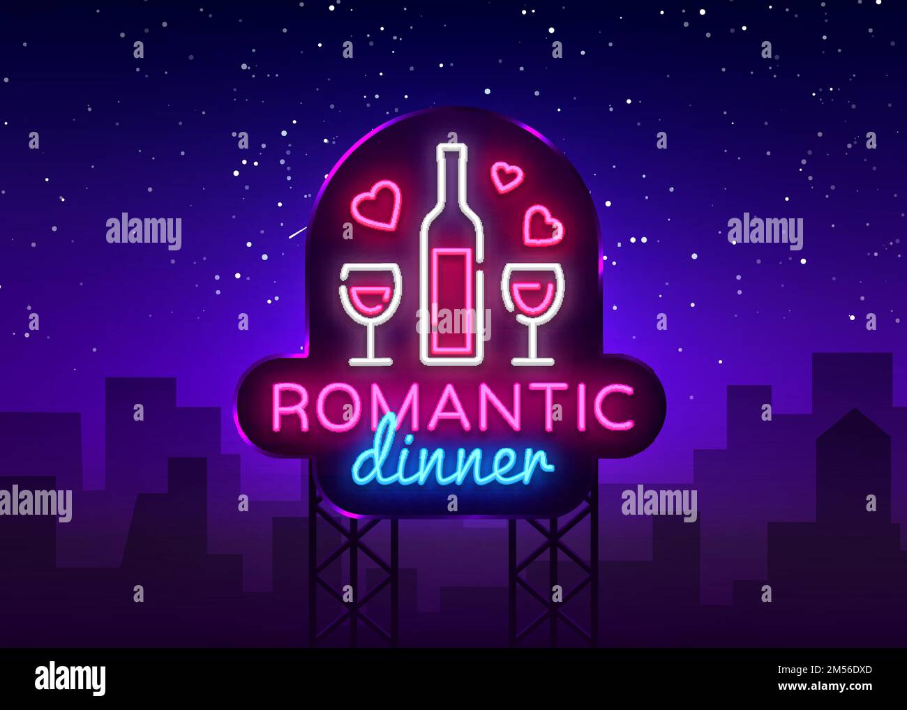 Romantic Dinner Neon Logo Vector. Wine neon sign, design template ...