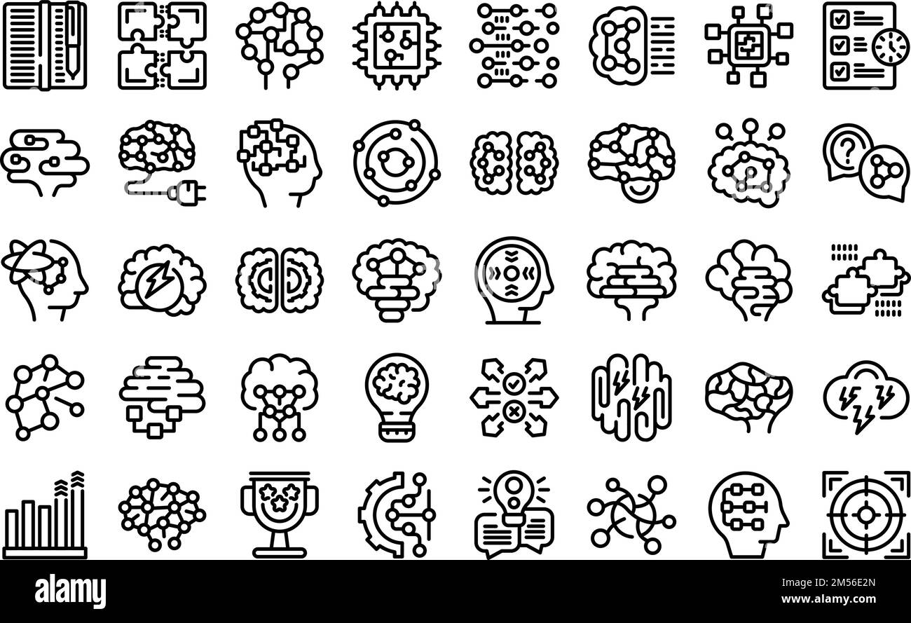 Brainstorm icons set outline vector. Business process. Brain solution ...