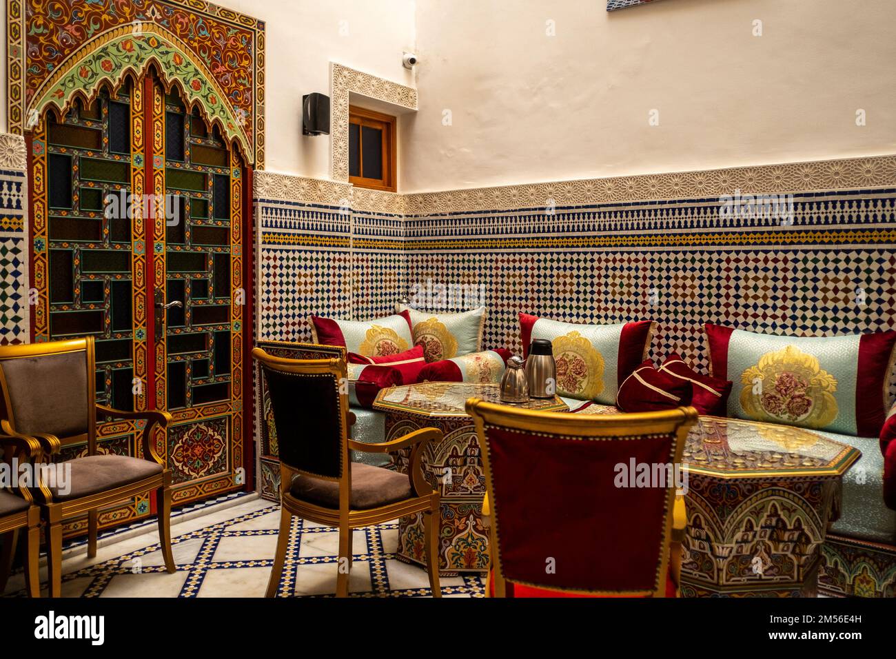 Fes, Morocco; 7th december 2022: Interior courtyard of a Moroccan house ...