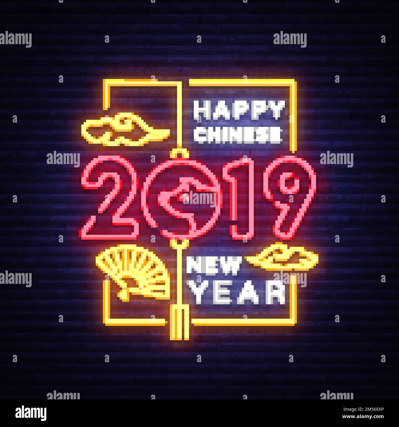 Happy Chinese New Year 2019 year of the pig greeting card in neon style ...