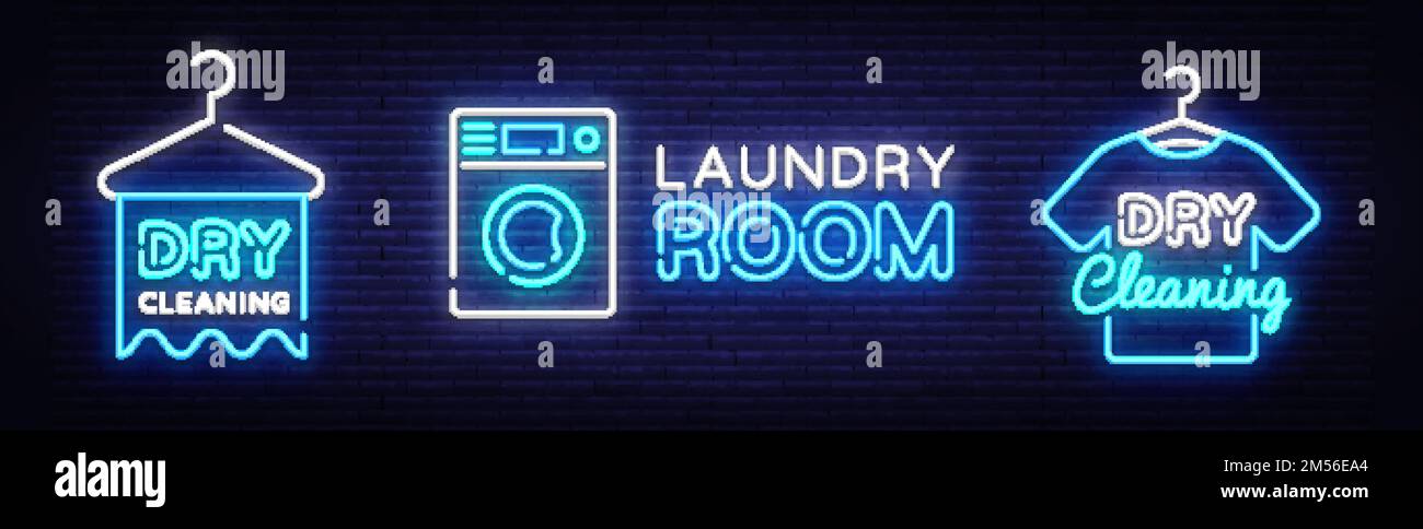 Dry Cleaning Neon Logo Collection Vector. Laundry Room neon sign ...