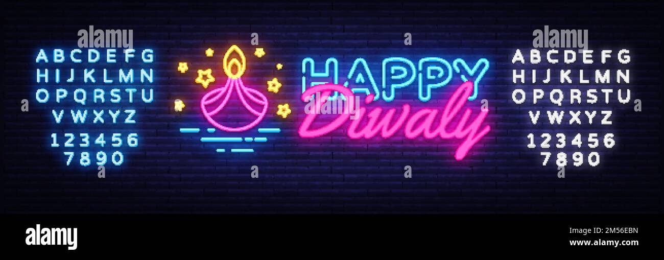 Diwali Hindu festival greeting card neon Vector. Diwali neon sign ...
