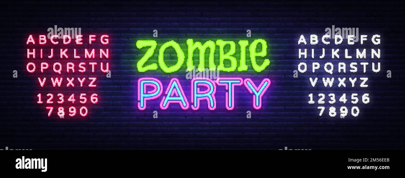 Zombie Party Text Vector. Halloween neon sign, design template, modern ...
