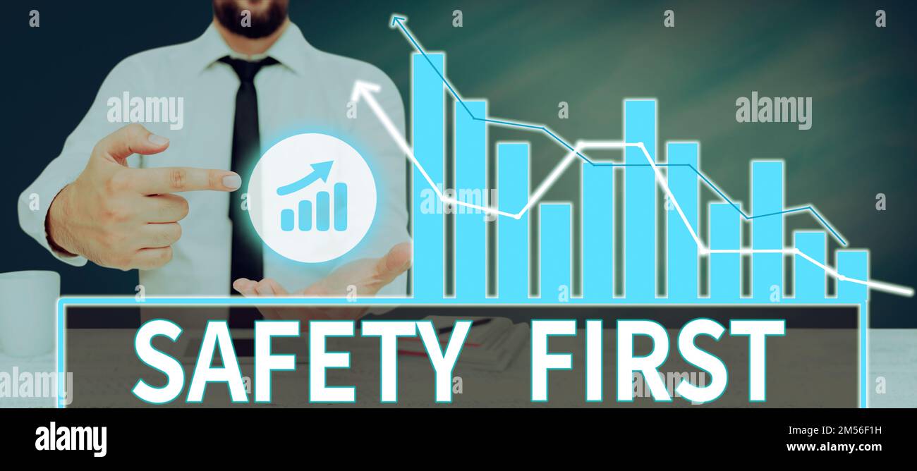 Sign displaying Safety First. Conceptual photo Avoid any unnecessary ...