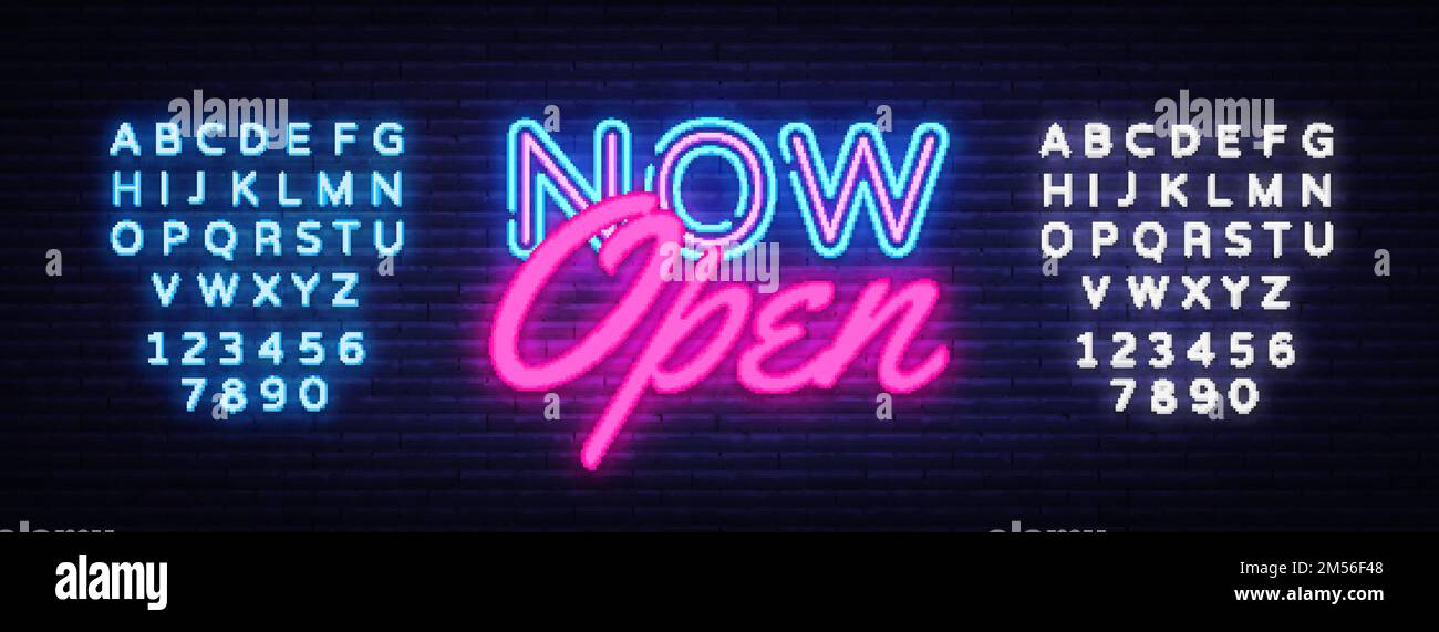 Now Open neon text vector design template. Now Open neon logo, light ...
