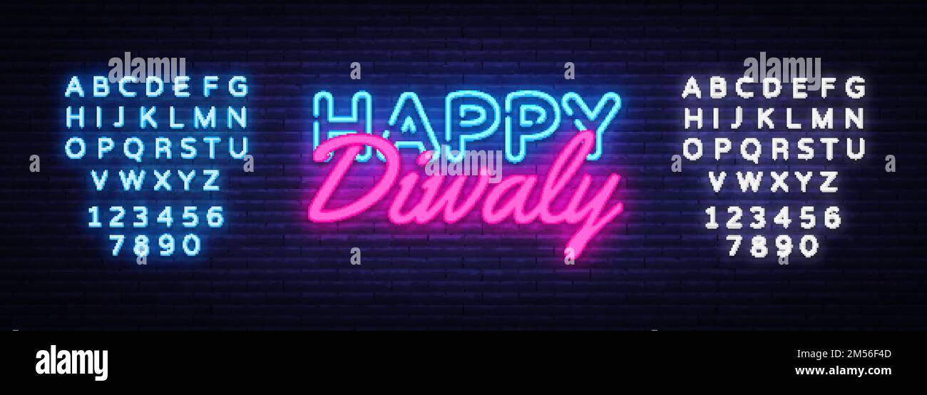 Diwali Hindu festival greeting card neon Vector. Diwali neon sign ...
