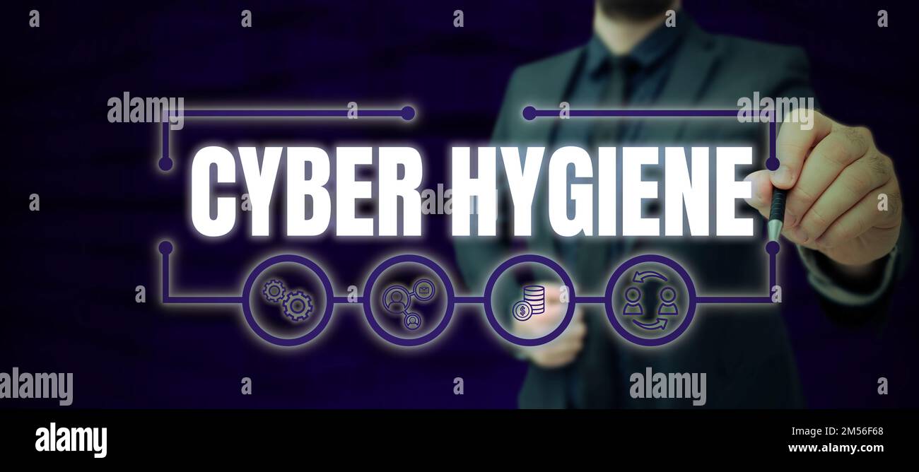 Hand writing sign Cyber Hygiene. Internet Concept steps that computer ...