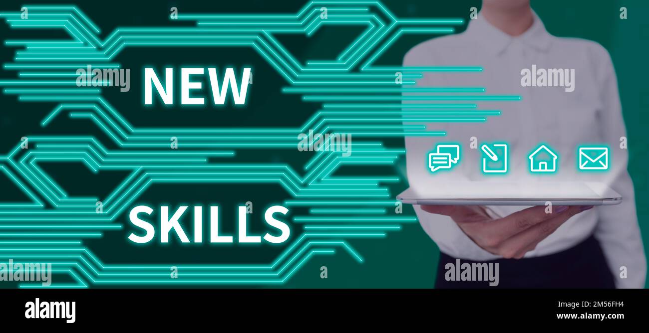 Sign displaying New Skills. Business overview Recently Acquired Learned ...
