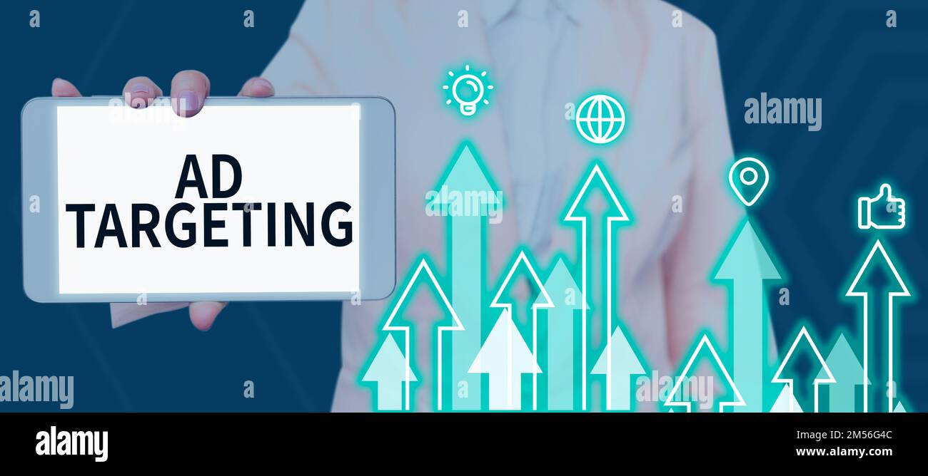 Text caption presenting Ad Targeting. Conceptual photo target the most ...