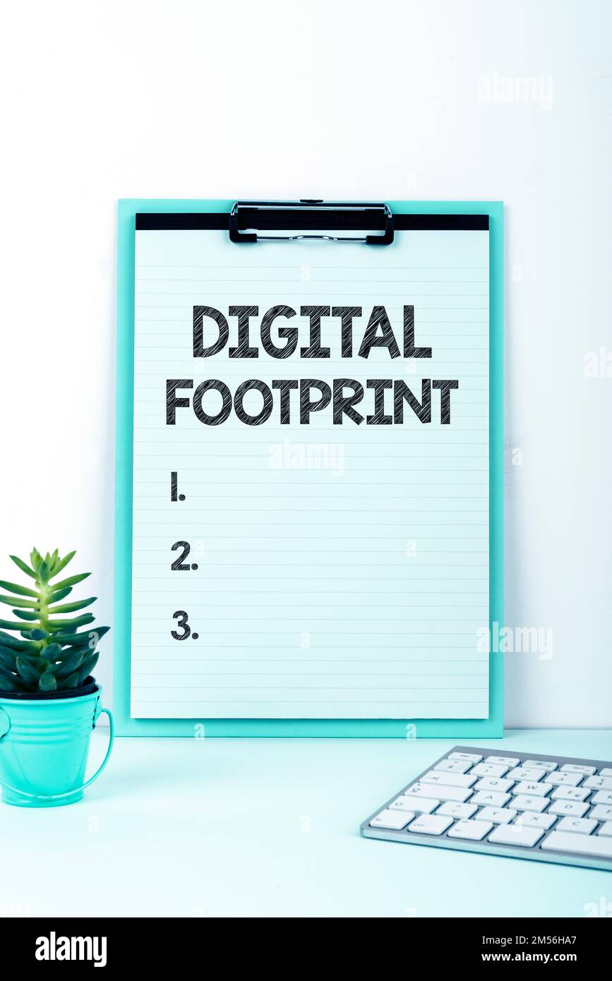 Hand writing sign Digital Footprint. Business idea uses digital ...
