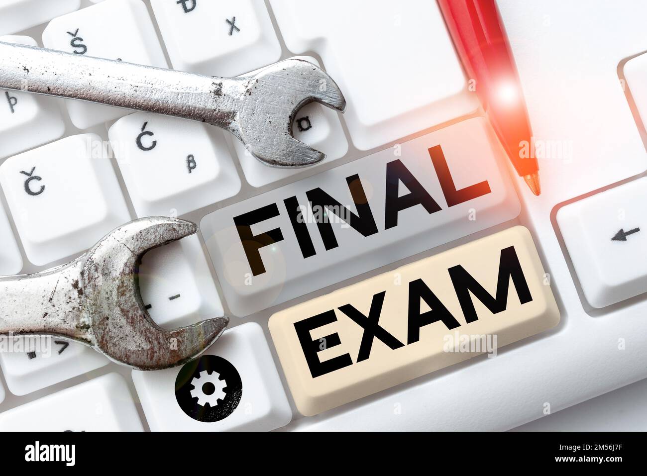Sign displaying Final Exam. Business showcase test given to student at ...