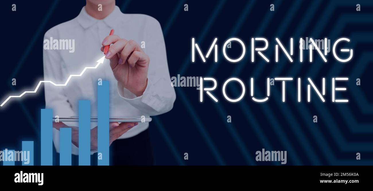 Sign displaying Morning Routine, Business idea initiation of consumer ...