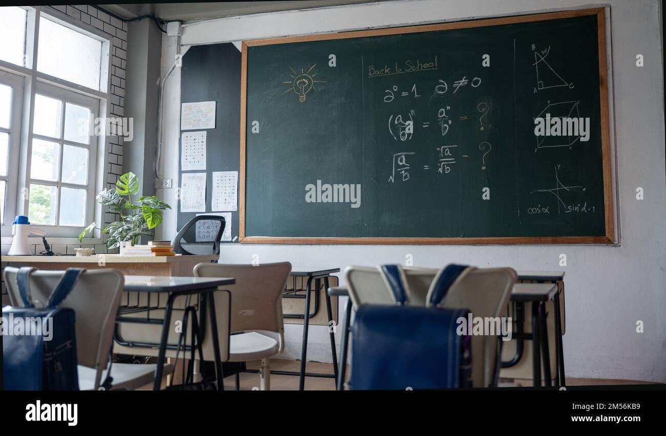 Empty classroom with chairs elementary school desks and chalkboard ...