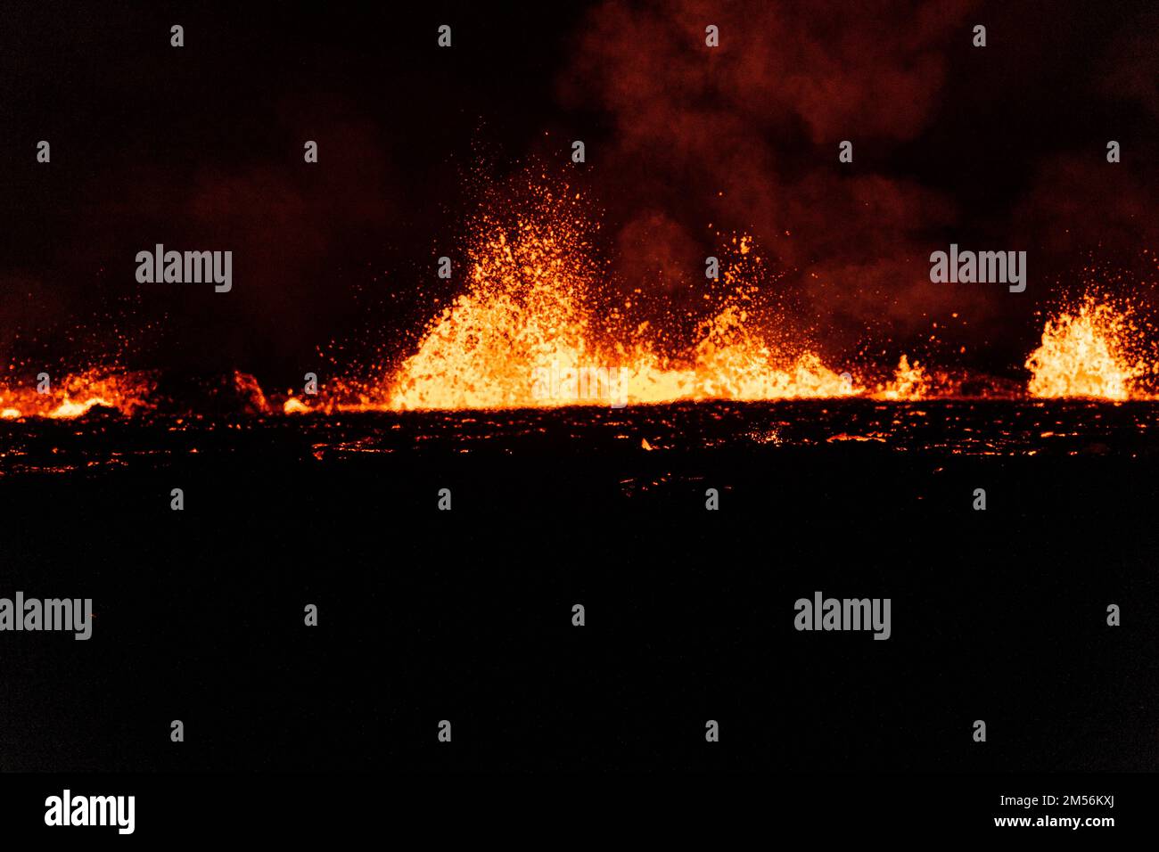 An aerial view of the volcano eruption at night Stock Photo - Alamy