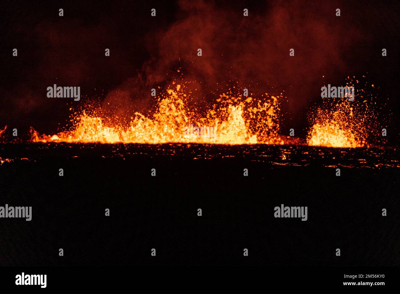 An aerial view of the volcano eruption at night Stock Photo - Alamy