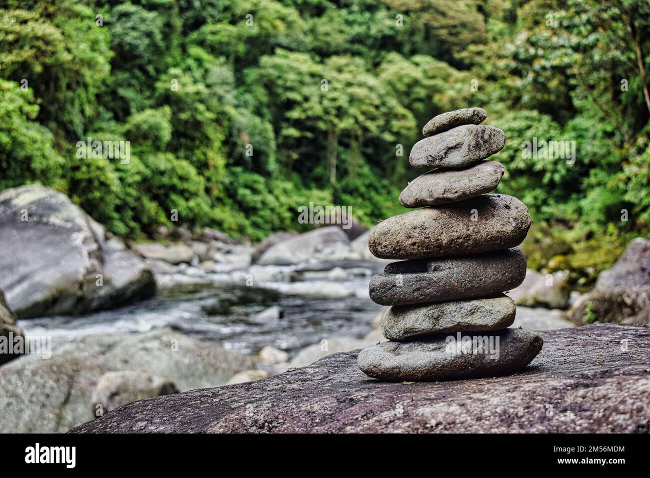 A stack of rocks with a calm river and green dense forest in the ...