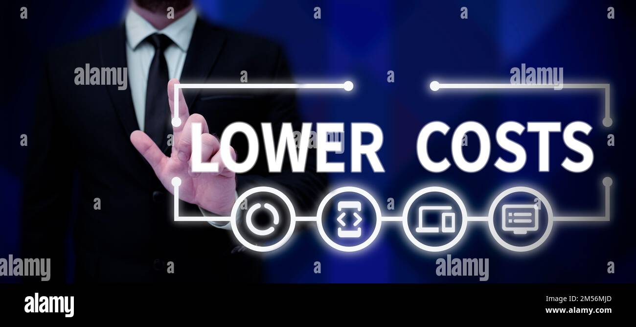 Hand writing sign Lower Costs. Business showcase the business sets low ...