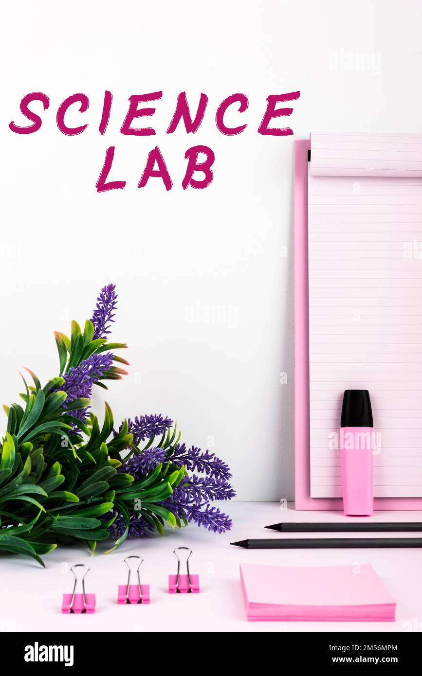Text sign showing Science Lab. Word Written on special facility where ...