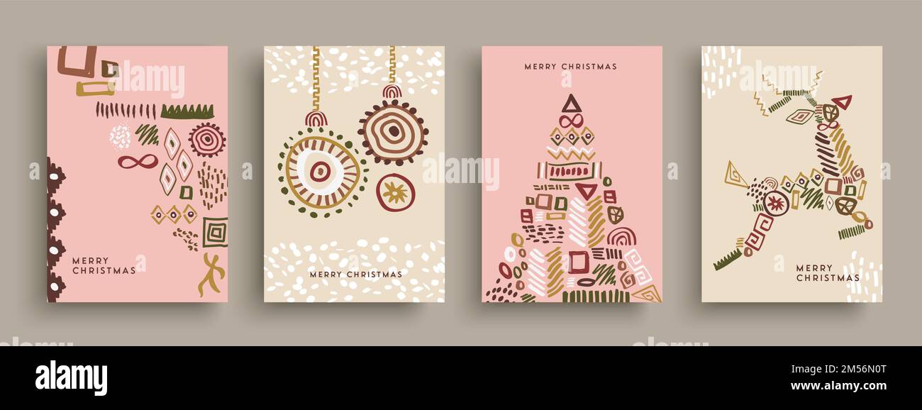 Merry Christmas greeting card collection set. Hand drawn art decoration ...