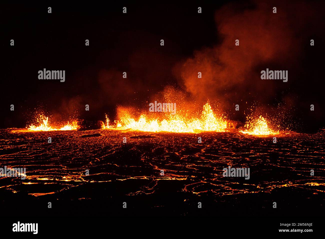 An aerial view of the volcano eruption at night Stock Photo - Alamy